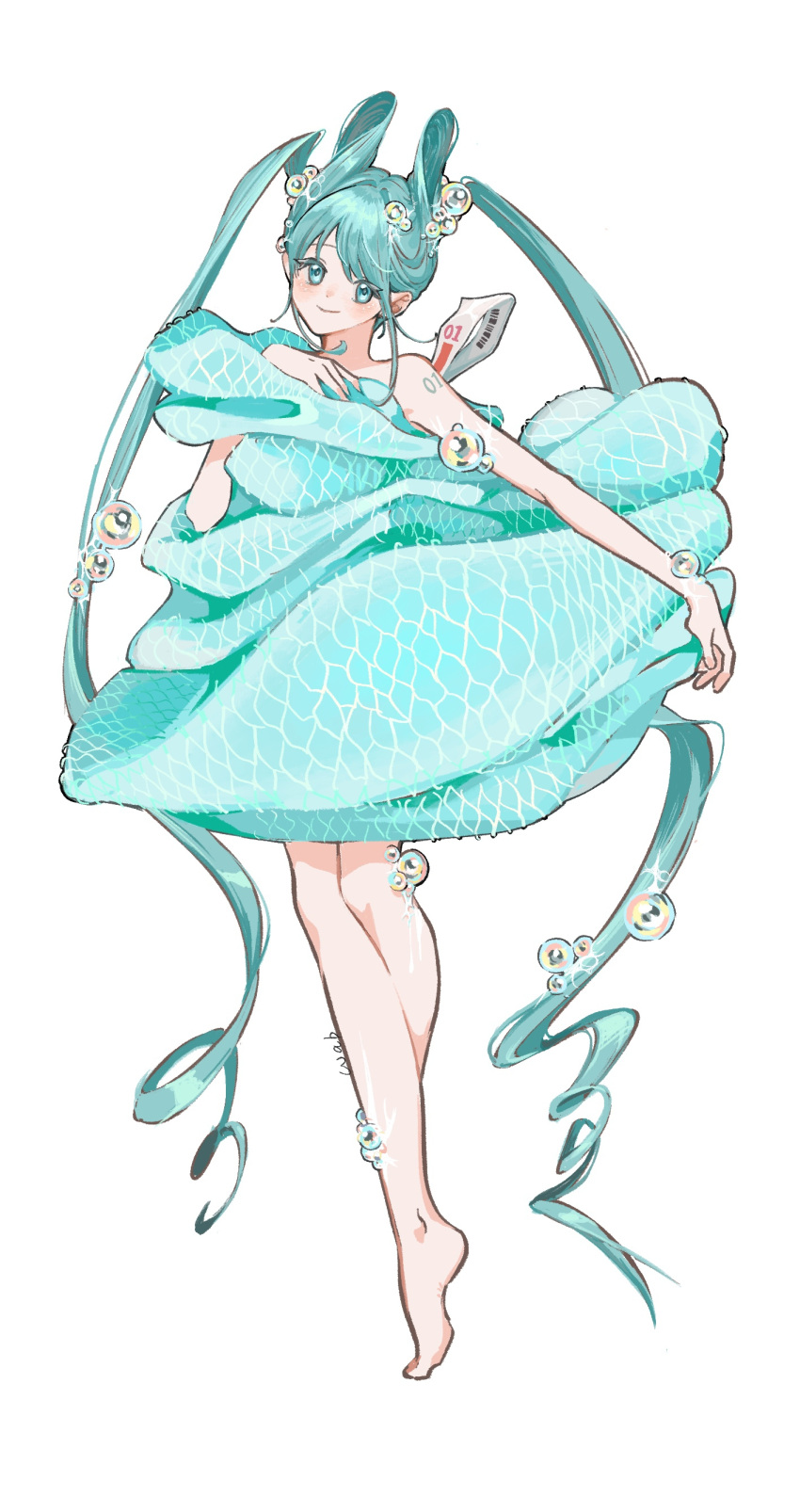 Safebooru - 1girl absurdres alternate costume aqua dress aqua eyes aqua hair arm tattoo bare ...