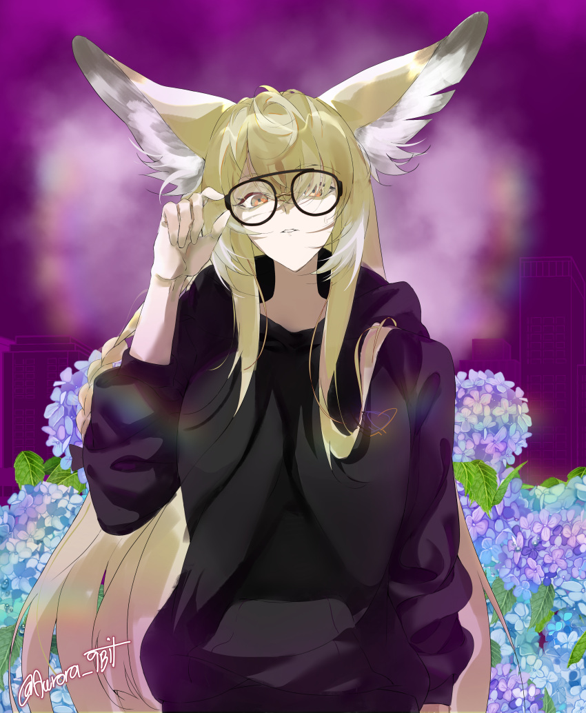 Safebooru - 1girl 9bit absurdres animal ears arknights bespectacled black hoodie blonde hair ...