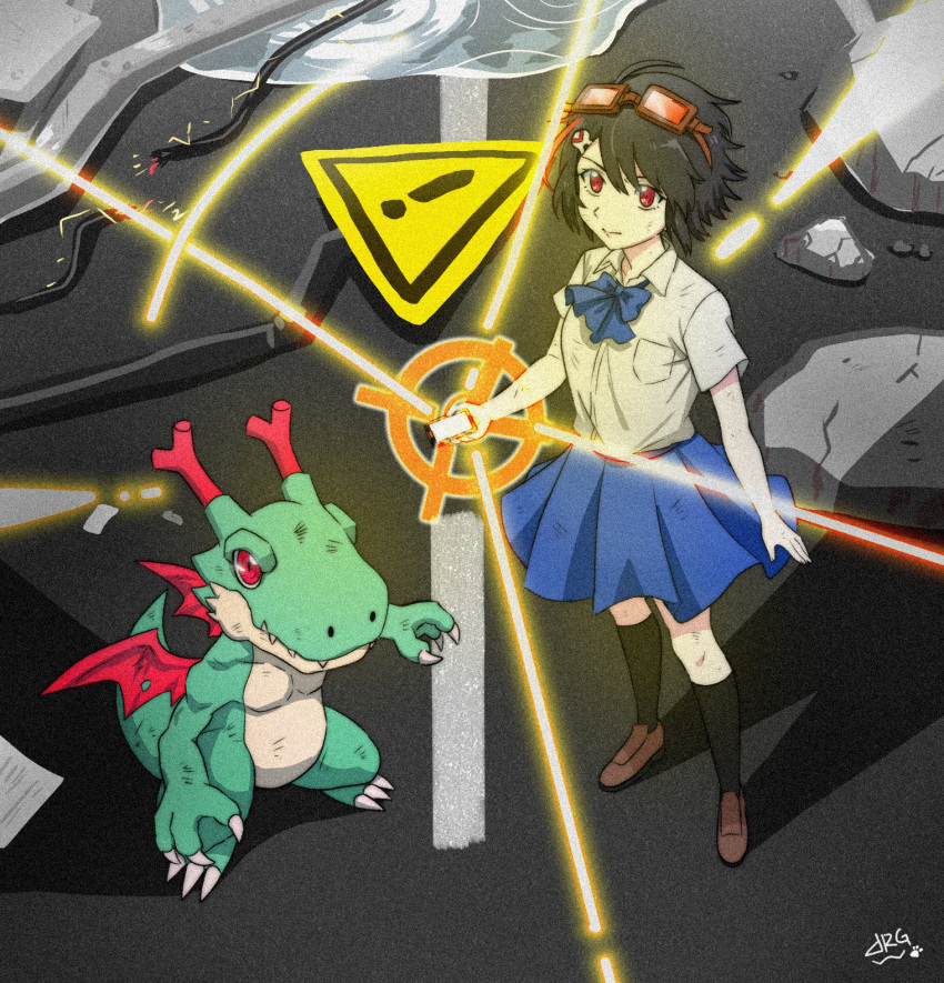 Safebooru - 1girl black hair blue skirt collared shirt digimon digimon ...