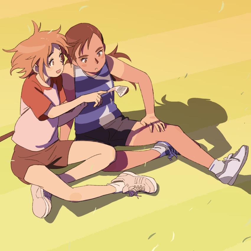 Safebooru - 2girls 55bata6rou adaniya tsubura black shorts blue shirt brown eyes brown hair ...