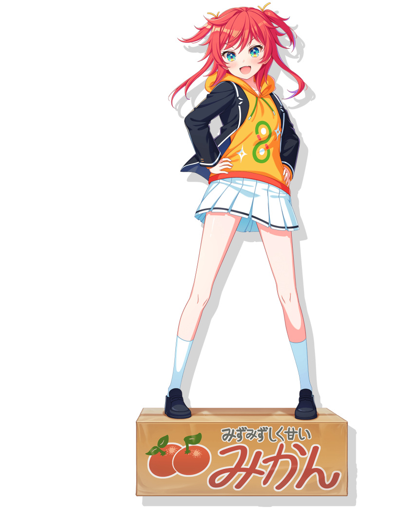 Safebooru - 1girl :d blue eyes food full body hand on own hip highres hood hood down hoodie ...