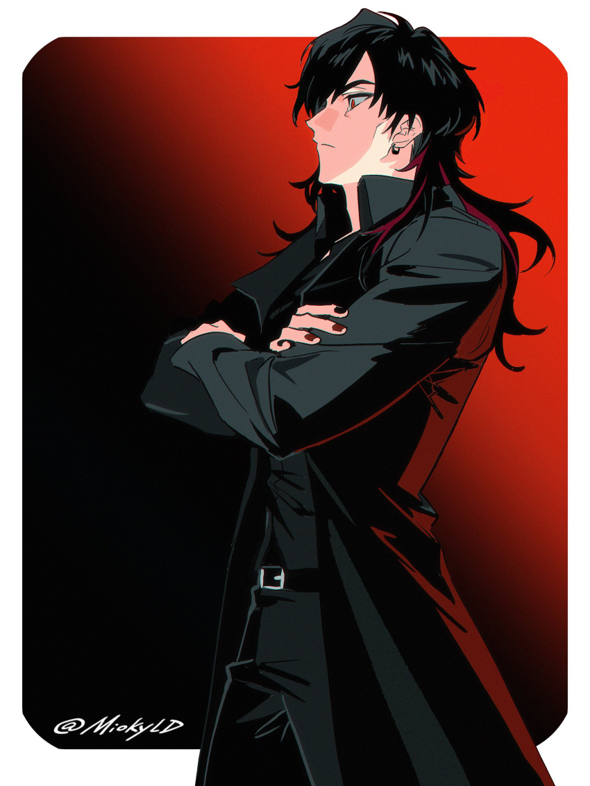 Safebooru - 1boy absurdres belt black belt black coat black hair black shirt coat crossed arms ...