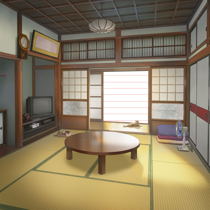 Safebooru - cat chabudai (table) clock commentary crt electric fan game ...