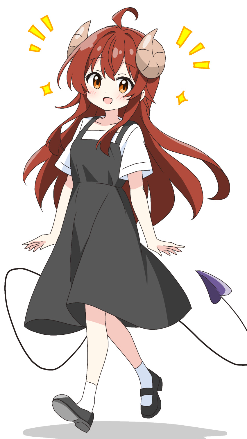 Safebooru - 1girl :d absurdres ahoge black dress blush brown hair brown horns commentary request ...