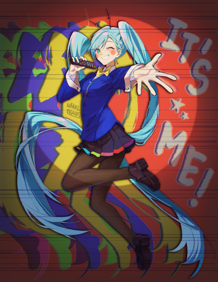 Safebooru - 1girl aqua eyes aqua hair artist name black pantyhose black shoes black skirt blue ...