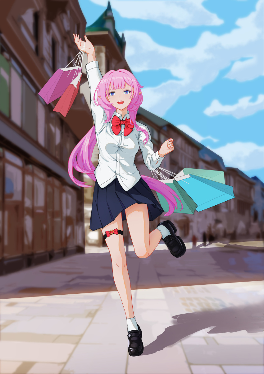 Safebooru - 1girl absurdres alternate costume bag black shoes blue eyes blue skirt blue sky bow ...