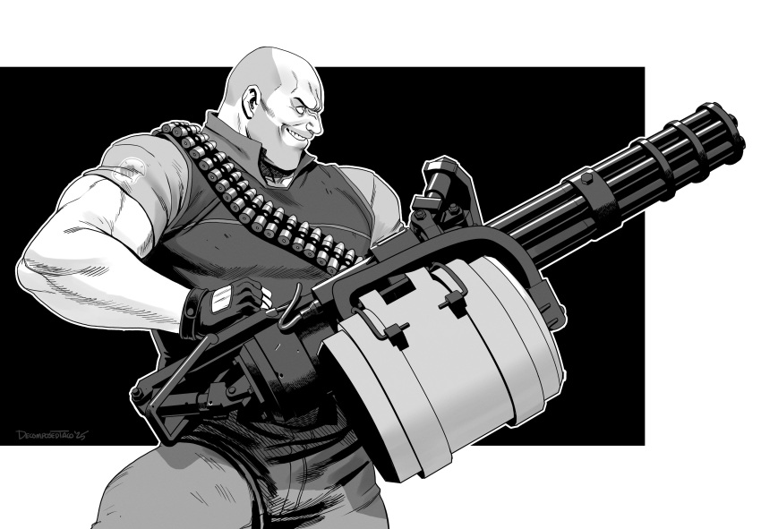 Safebooru - 1boy absurdres ammunition belt bald black background ...