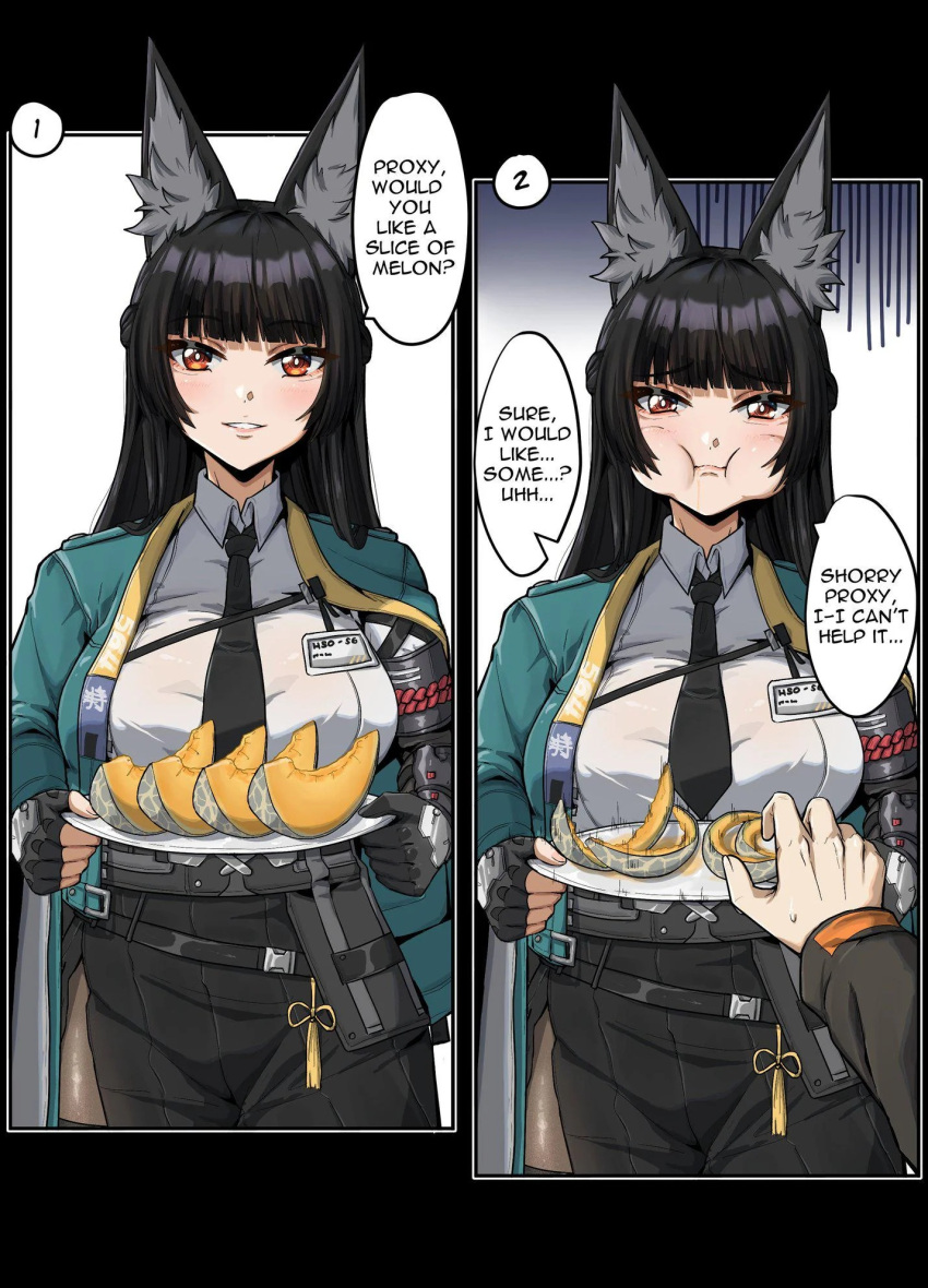 Safebooru - 1boy 1girl animal ears eating fox ears hoshimi miyabi long hair melon melon slice ...