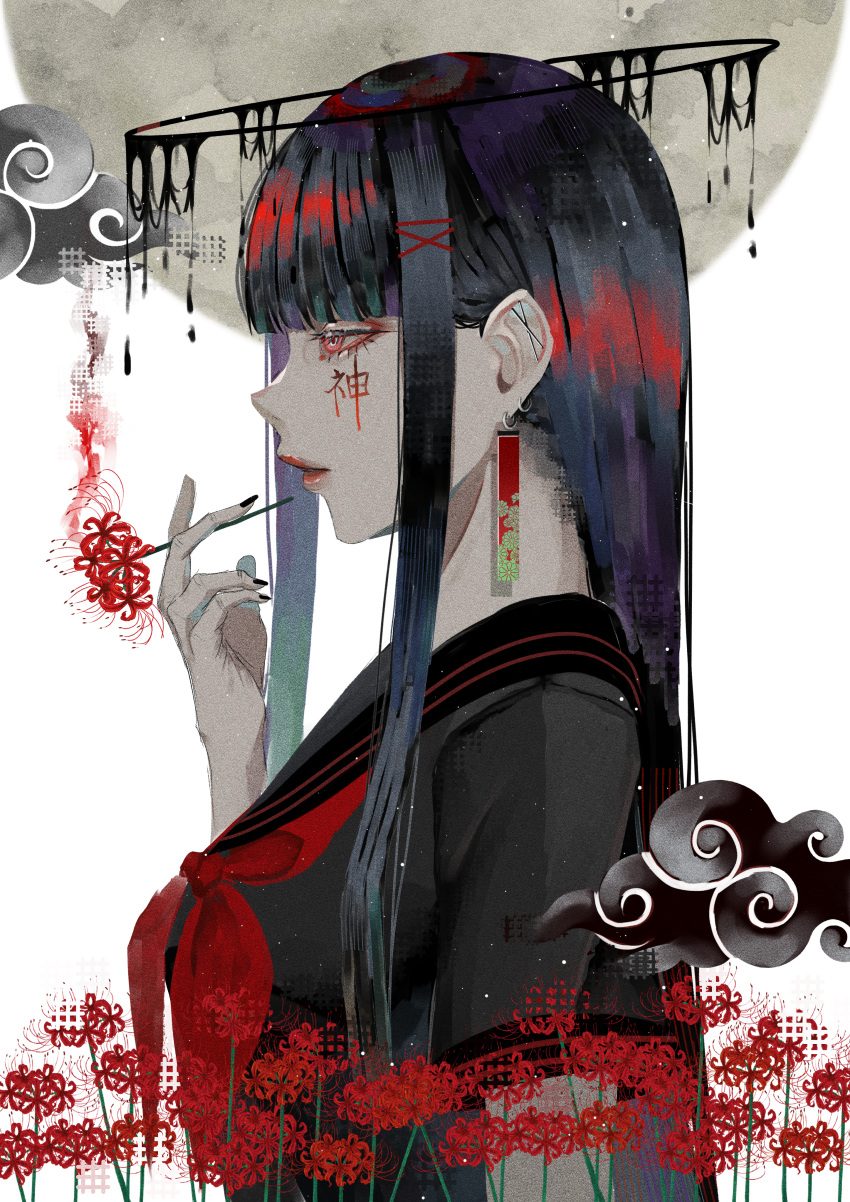 Safebooru - 1girl absurdres arm up black dress black hair body writing clouds dress ear piercing ...