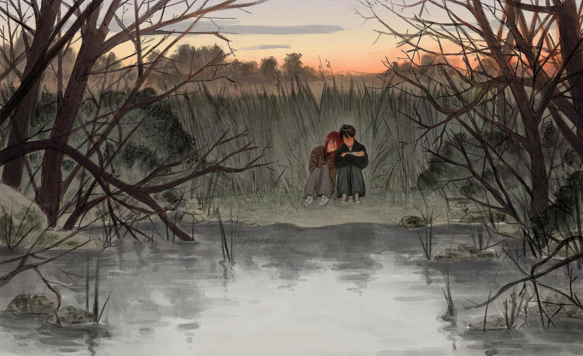 Safebooru - 2girls androgynous bare tree cattail closed eyes clouds ...