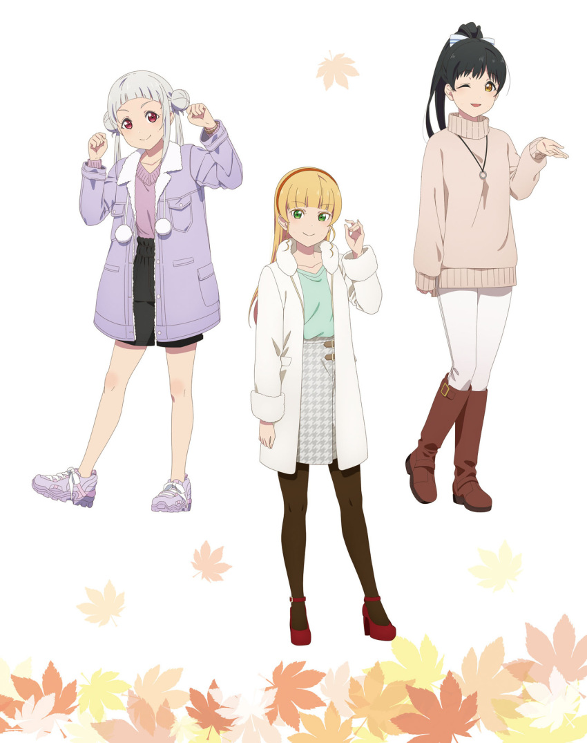 Safebooru - 3girls arashi chisato artbook black hair blonde hair blunt bangs boots bow coat ...