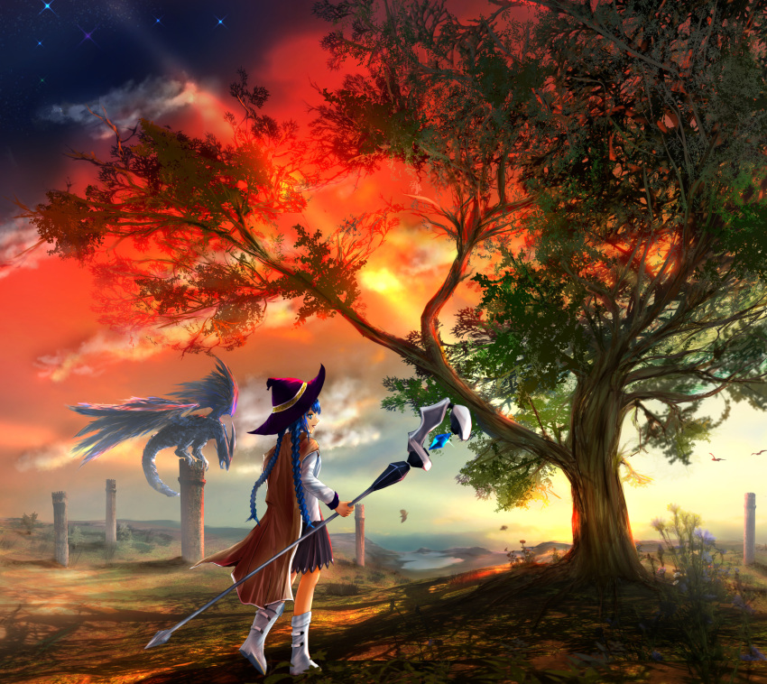 Safebooru - 1girl black skirt blue eyes blue hair boots braid brown cape brown cloak cape cloak ...