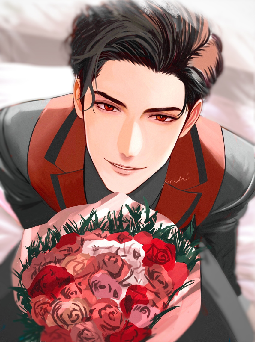Safebooru - absurdres asahiobayme black hair black shirt bouquet demon ...