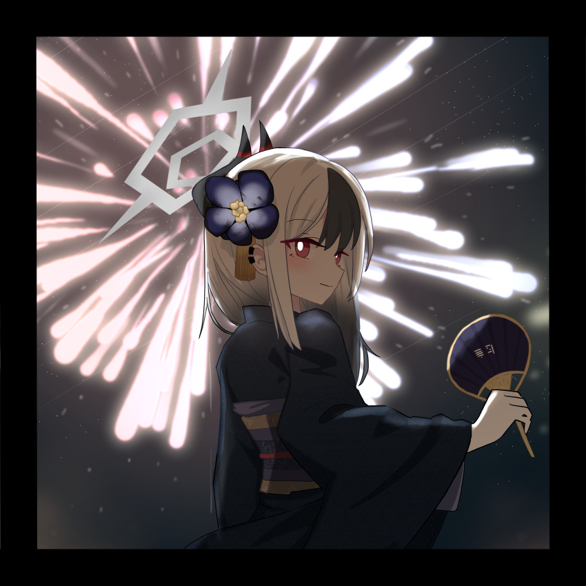 Safebooru - 1girl 2 pycat absurdres aerial fireworks black hair black horns black kimono blue ...