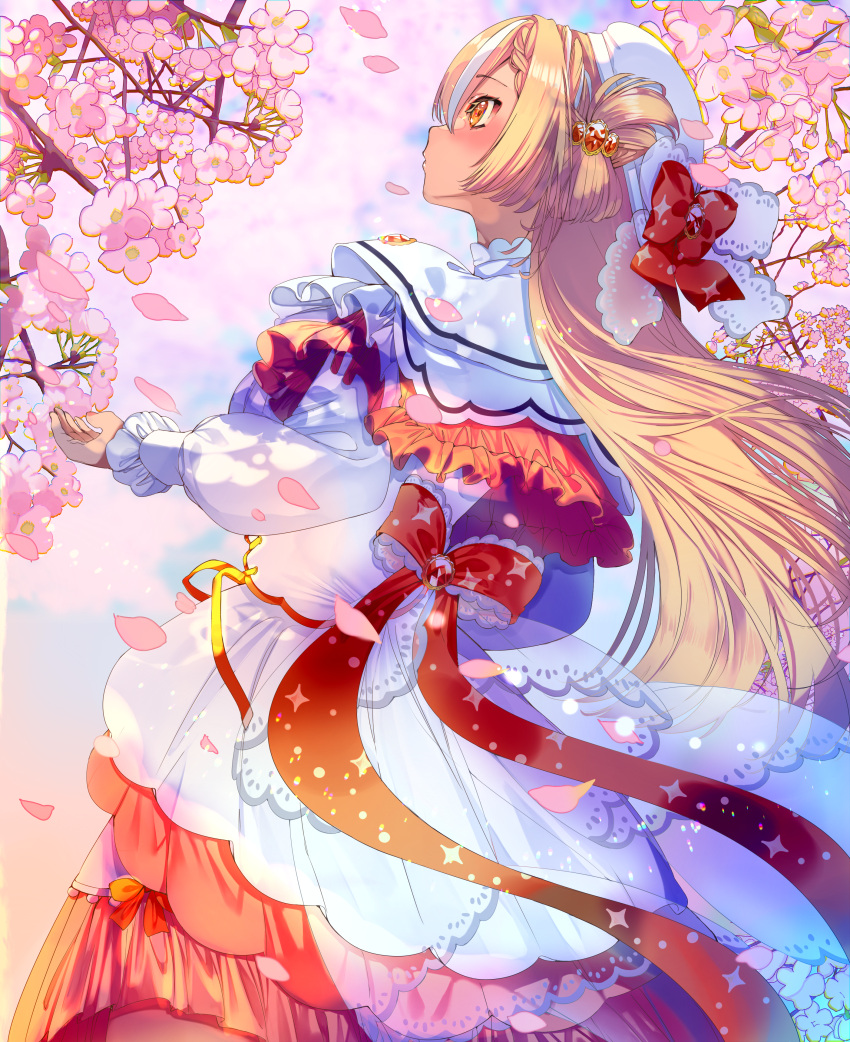 Safebooru - 1girl absurdres blonde hair bow braid braided bangs capelet cherry blossoms ...