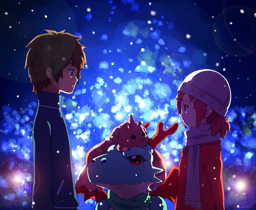Safebooru - 1boy 1girl beanie blue jacket brown hair digimon digimon ...