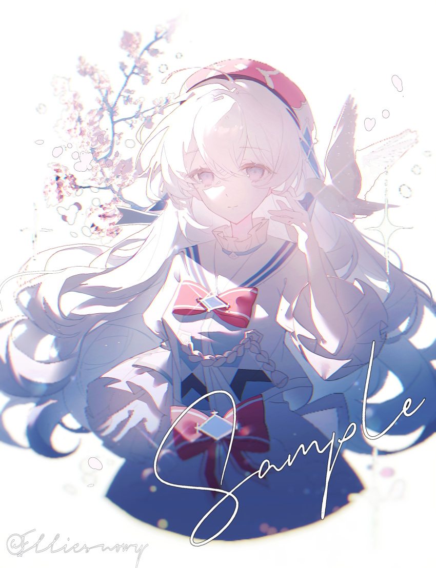 Safebooru - 1girl absurdres arcaea beret bird blurry bow cherry blossoms closed mouth depth of ...
