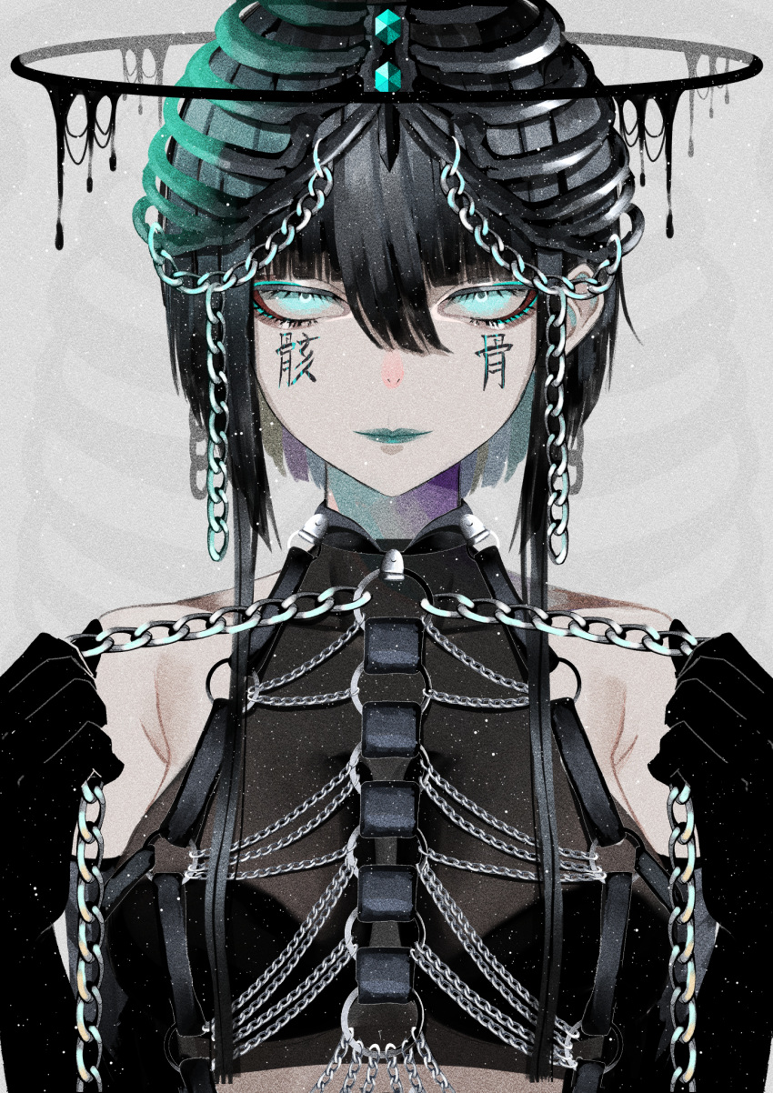 Safebooru - 1girl arms up bare shoulders black dress black gloves black hair body writing chain ...