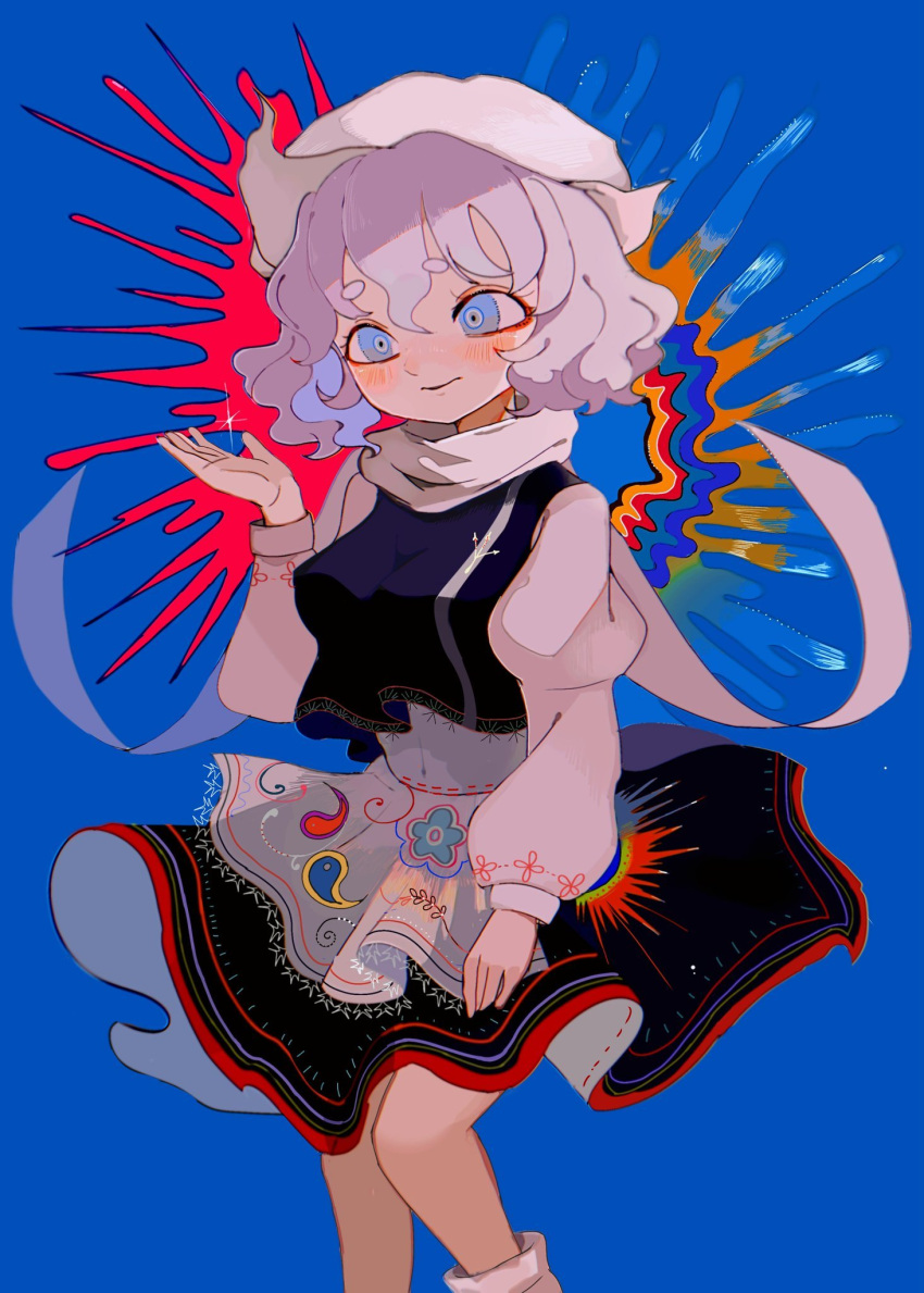 Safebooru - 1girl apron blue background blue eyes blue shirt blue skirt comkdom commentary ...