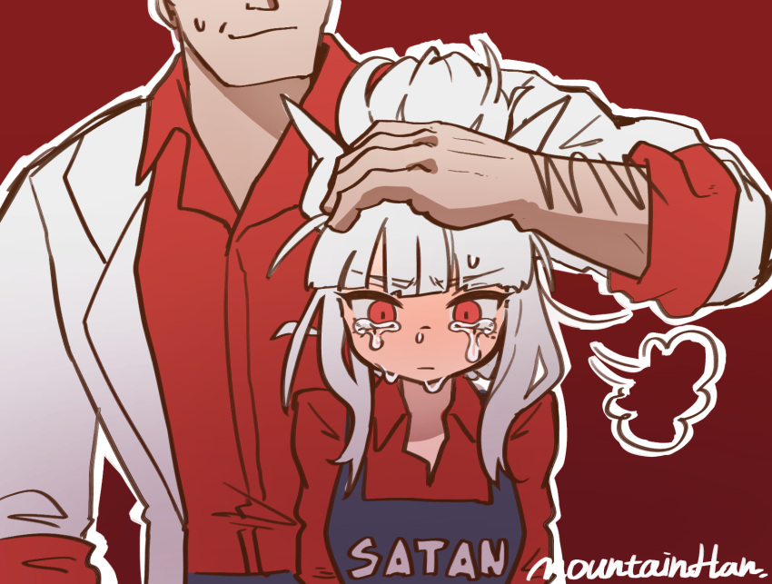 Safebooru - 1boy 1girl apron commentary request crying demon girl ...