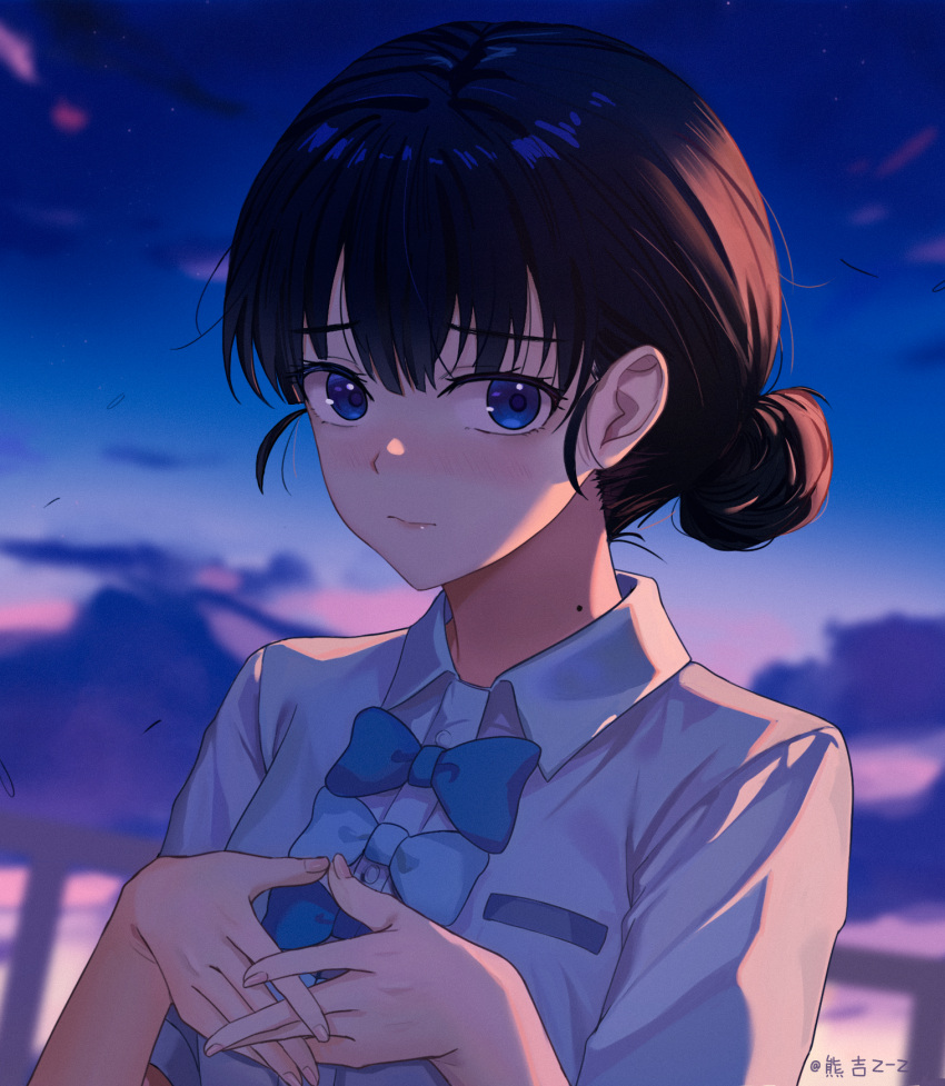 Safebooru - 1girl basori tiara black hair blue bow blue bowtie blue eyes blush bow bowtie closed ...