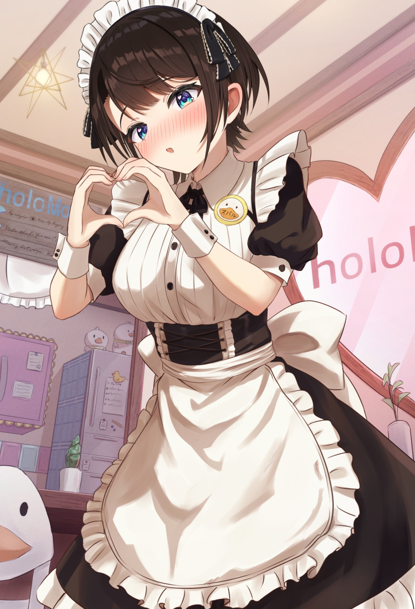 Safebooru - 1girl alternate costume apron black dress blue eyes blush brown hair dress heart ...