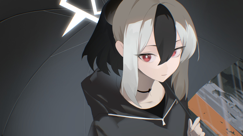 Safebooru - 1girl absurdres black choker black hair black hoodie black shirt black umbrella blue ...