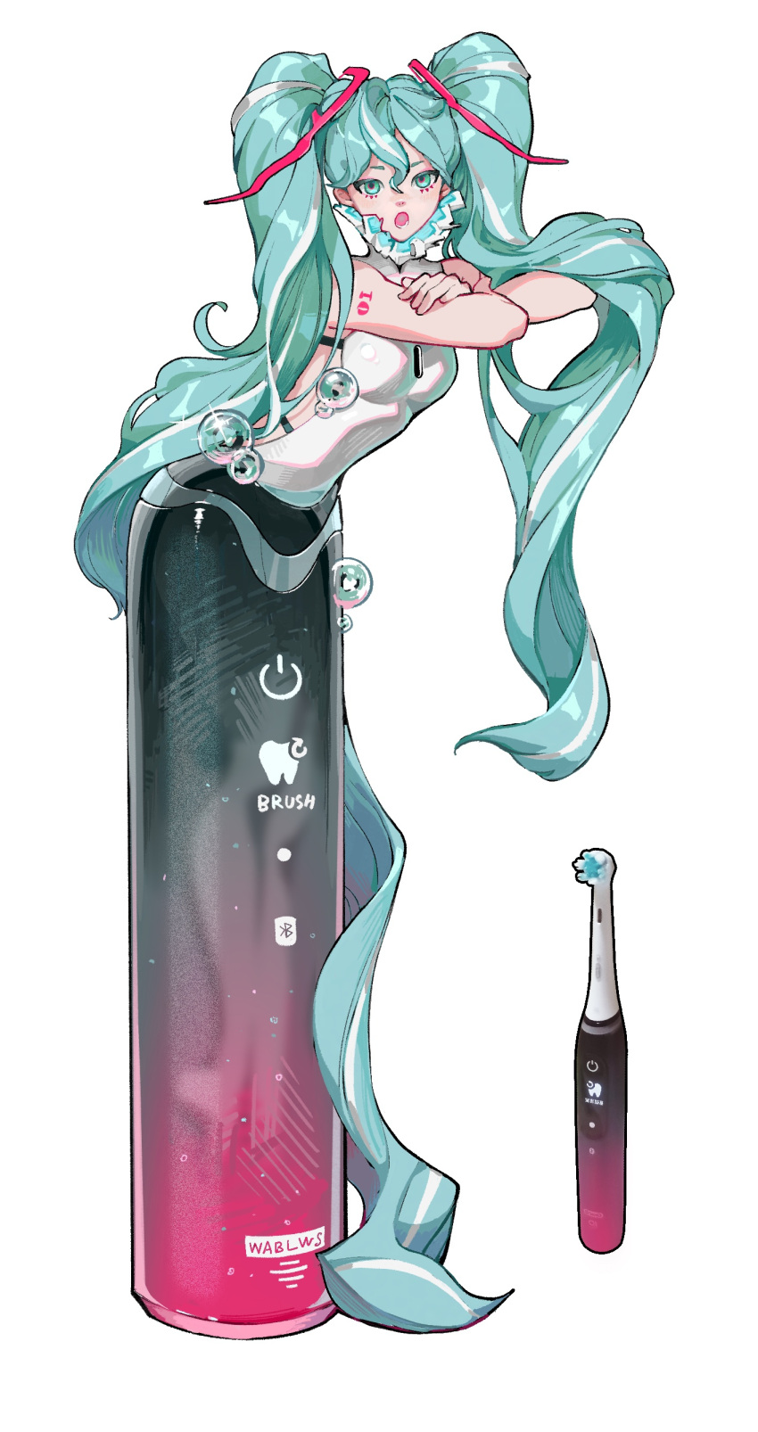 Safebooru - 1girl absurdres alternate costume aqua eyes aqua hair arm tattoo bluetooth symbol ...