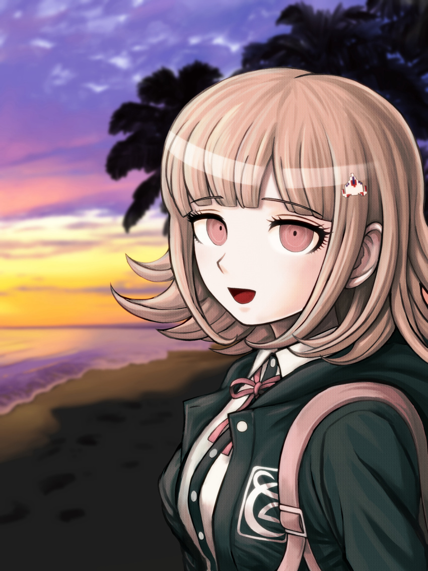 Safebooru - 1girl :d beach black jacket black shirt brown hair collared shirt danganronpa ...