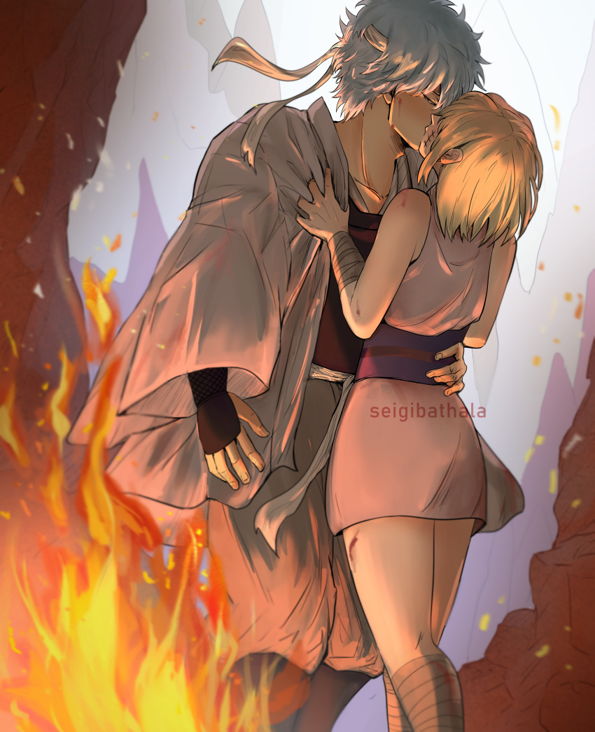 Safebooru - 1boy 1girl absurdres aged down bandaged arm bandaged leg bandages blonde hair closed ...