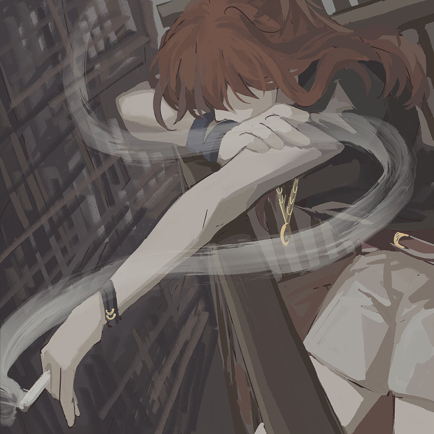 Safebooru - 1girl balcony bracelet breasts brown shirt building cigarette crescent crescent ...