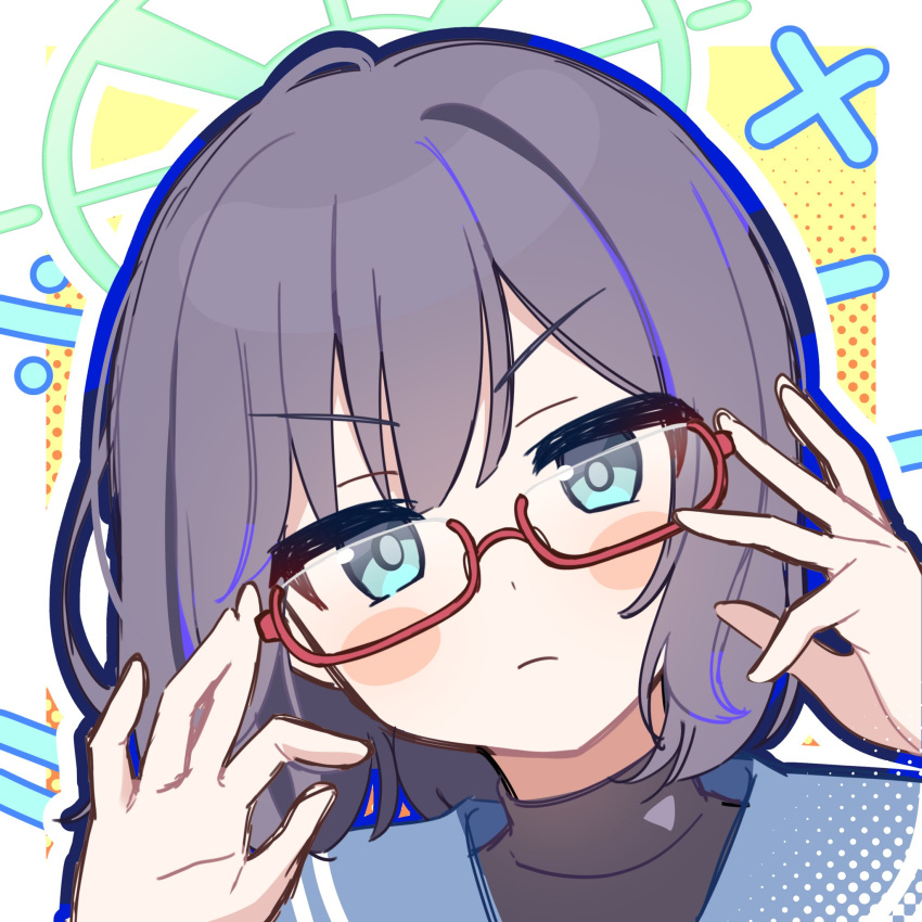 Safebooru - 1girl adjusting eyewear black shirt blue archive blue eyes blush blush stickers ...