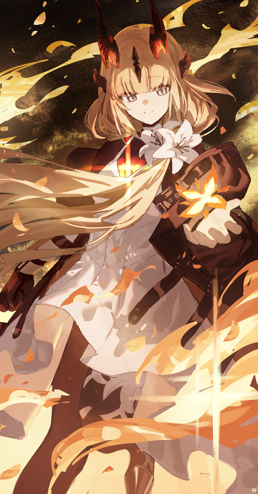 Safebooru - 1girl absurdres aqua eyes arknights black dress black horns blonde hair bodystocking ...