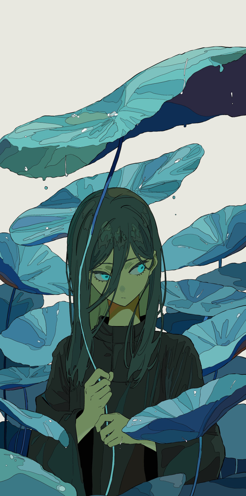 Safebooru - 1girl absurdres aqua eyes black shirt green hair hair between eyes highres long hair ...