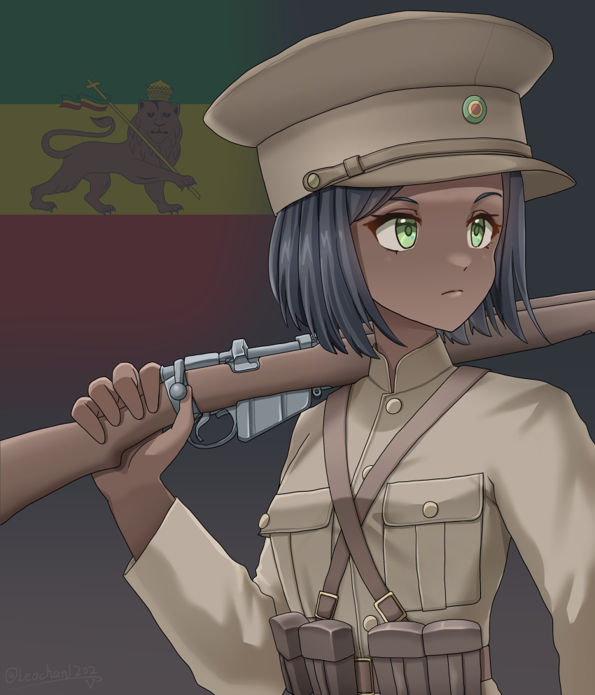 Safebooru - 1girl absurdres ammunition pouch artist name belt black hair bolt action brown belt ...