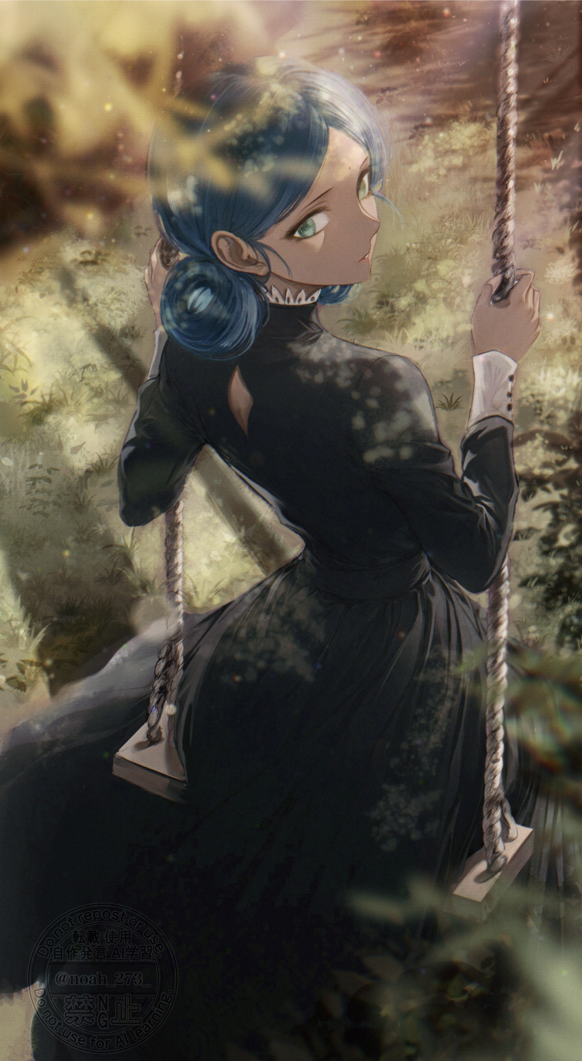 Safebooru - 1girl absurdres black dress blue hair commentary request dark-skinned female dark ...