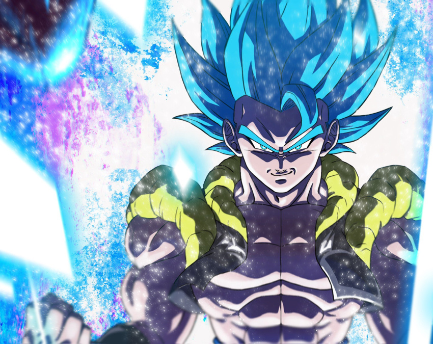 Safebooru - 1boy abs aura black vest blue eyes blue hair clenched hand ...