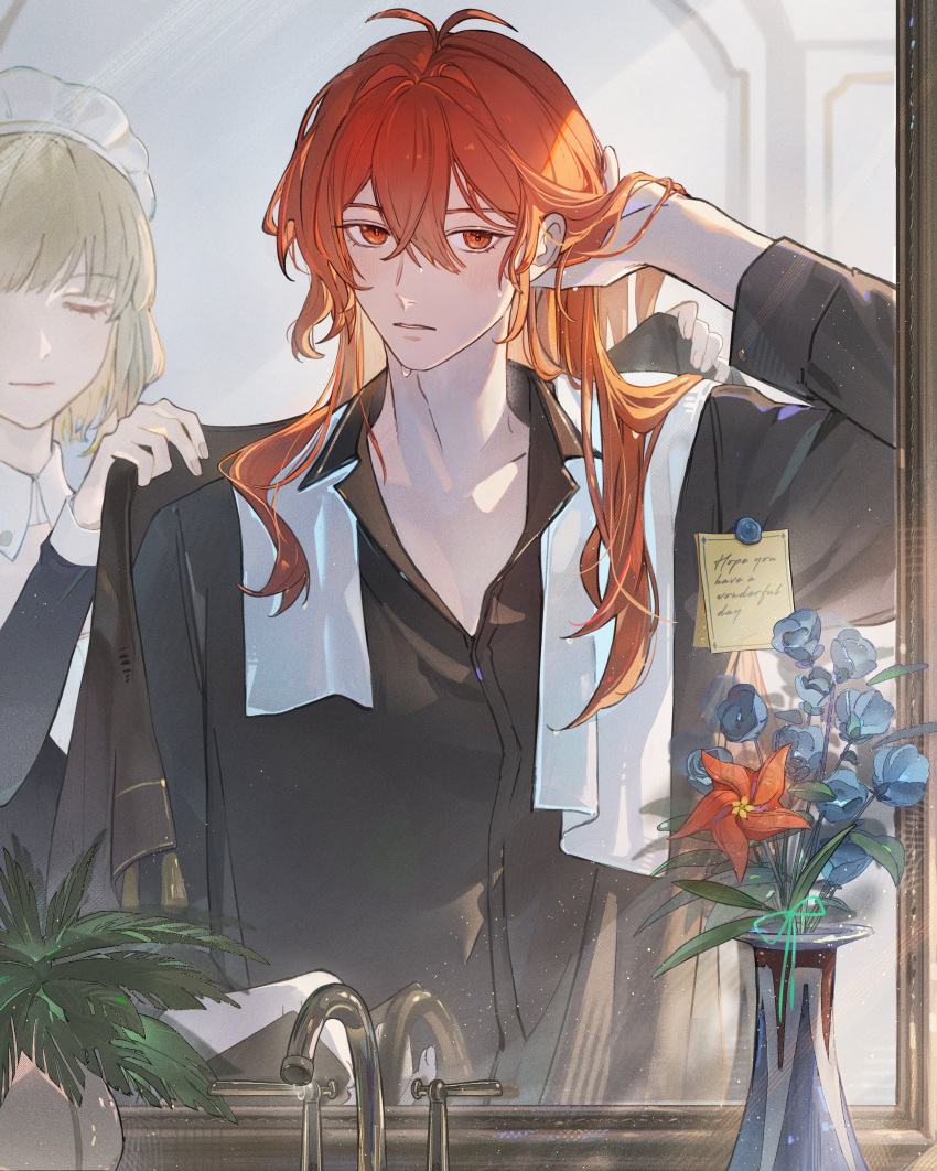 Safebooru - 1boy 1girl absurdres adelinde (genshin impact) aji 11300913 black shirt blonde hair ...