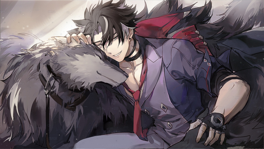 Safebooru - 1boy bandaged neck bandages black bandages black gloves black hair coat coat on ...