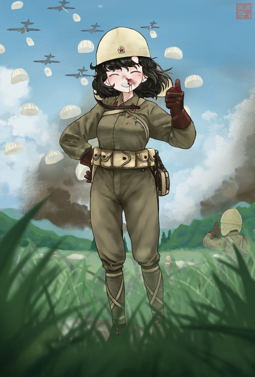 Safebooru - 1girl 4others absurdres aircraft airplane belt black hair blood blood on face brown ...