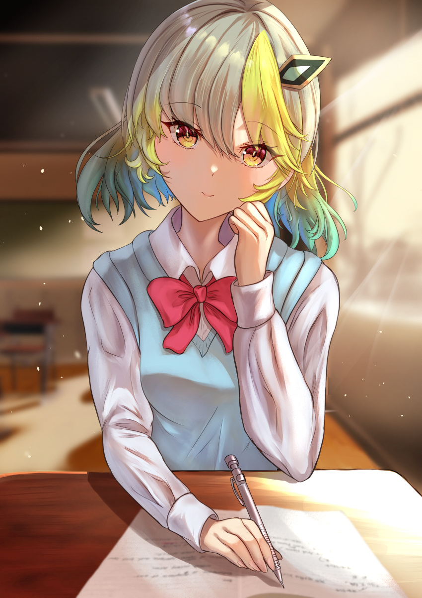 Safebooru - 1girl absurdres against desk aqua hair arerex blue vest breasts classroom closed ...