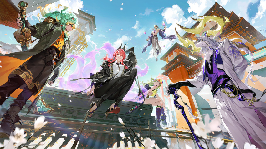 Safebooru - 2girls 3boys animal ears artist request bird blue sky cane ...