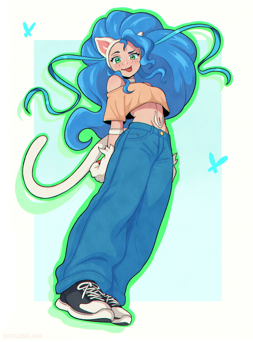 Safebooru - 1girl absurdres animal ear hairband animal ears animal hands aqua background aqua ...