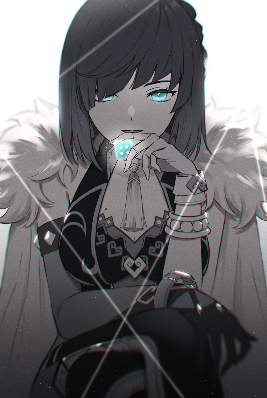 Safebooru - 1girl aqua eyes asymmetrical bangs asymmetrical gloves bangle bangs bracelet breasts ...