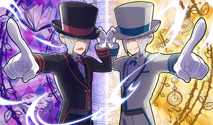 Safebooru - 2boys absurdres black headwear blue ribbon brothers buttons ...