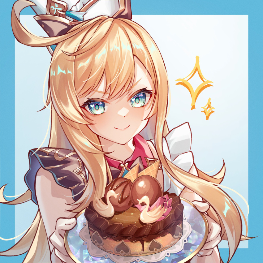 Safebooru - >:) 1girl absurdres ahoge apron blonde hair blue border blue eyes border cake chef ...