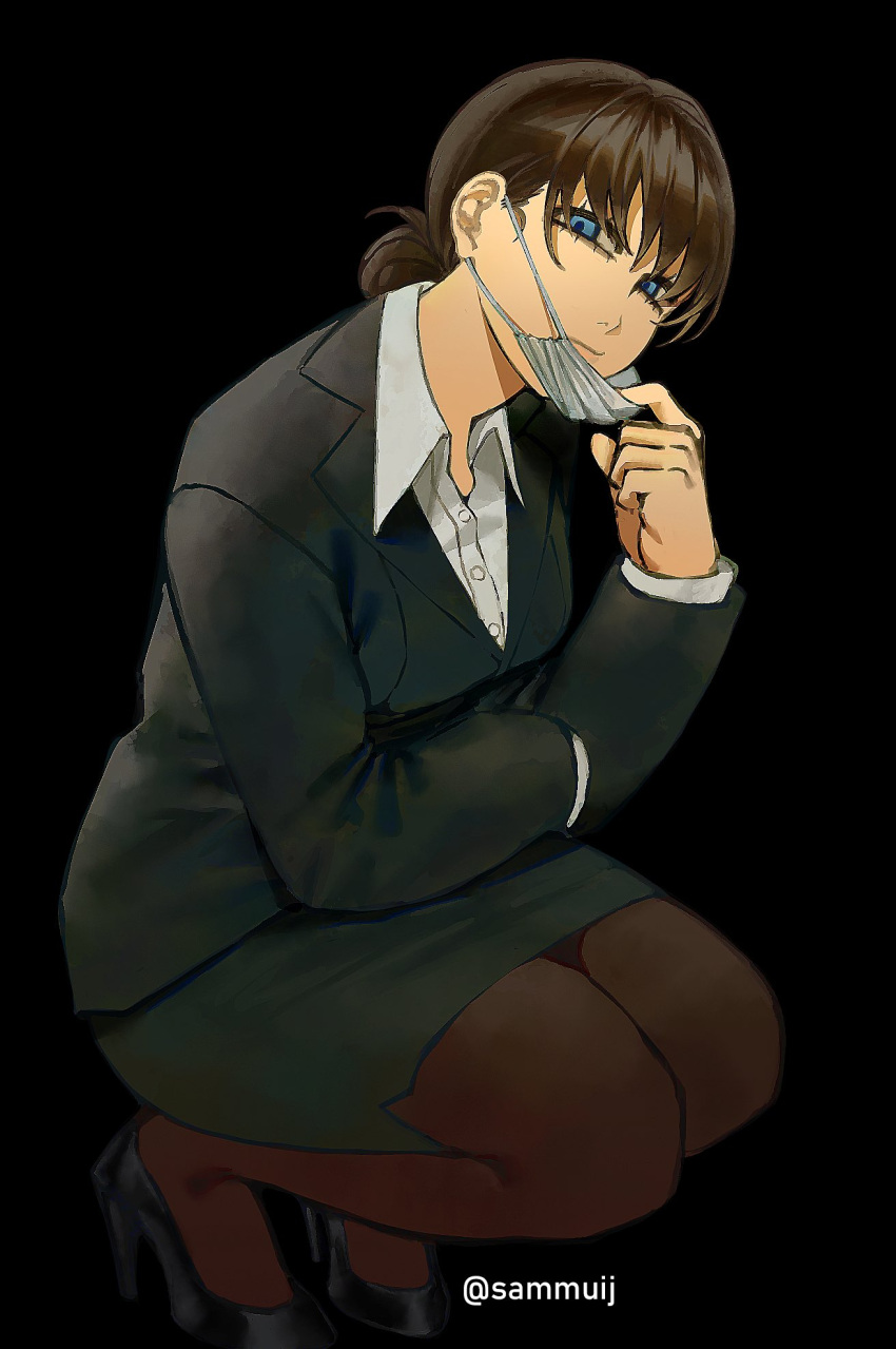 Safebooru - 1girl black background black hair black jacket black pantyhose black skirt blue eyes ...