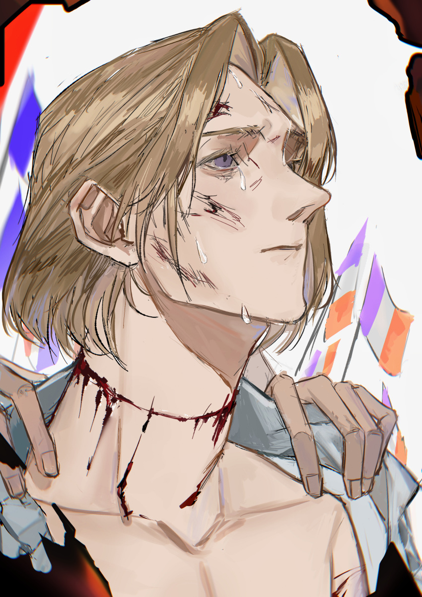 Safebooru - 1boy 1other absurdres axis powers hetalia bleeding blonde hair blood collared shirt ...