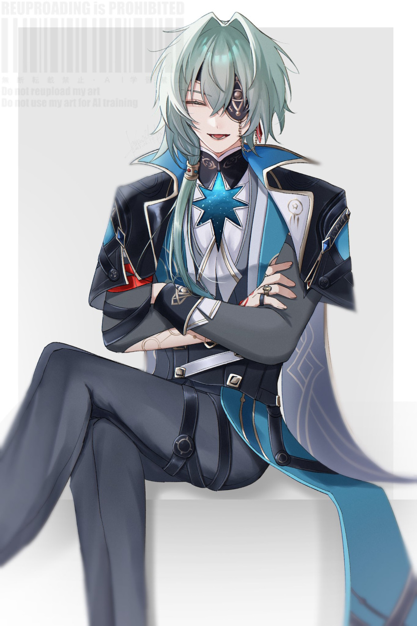 Safebooru - 1boy anaxa (honkai: star rail) aqua hair black pants chain closed eyes crossed arms ...