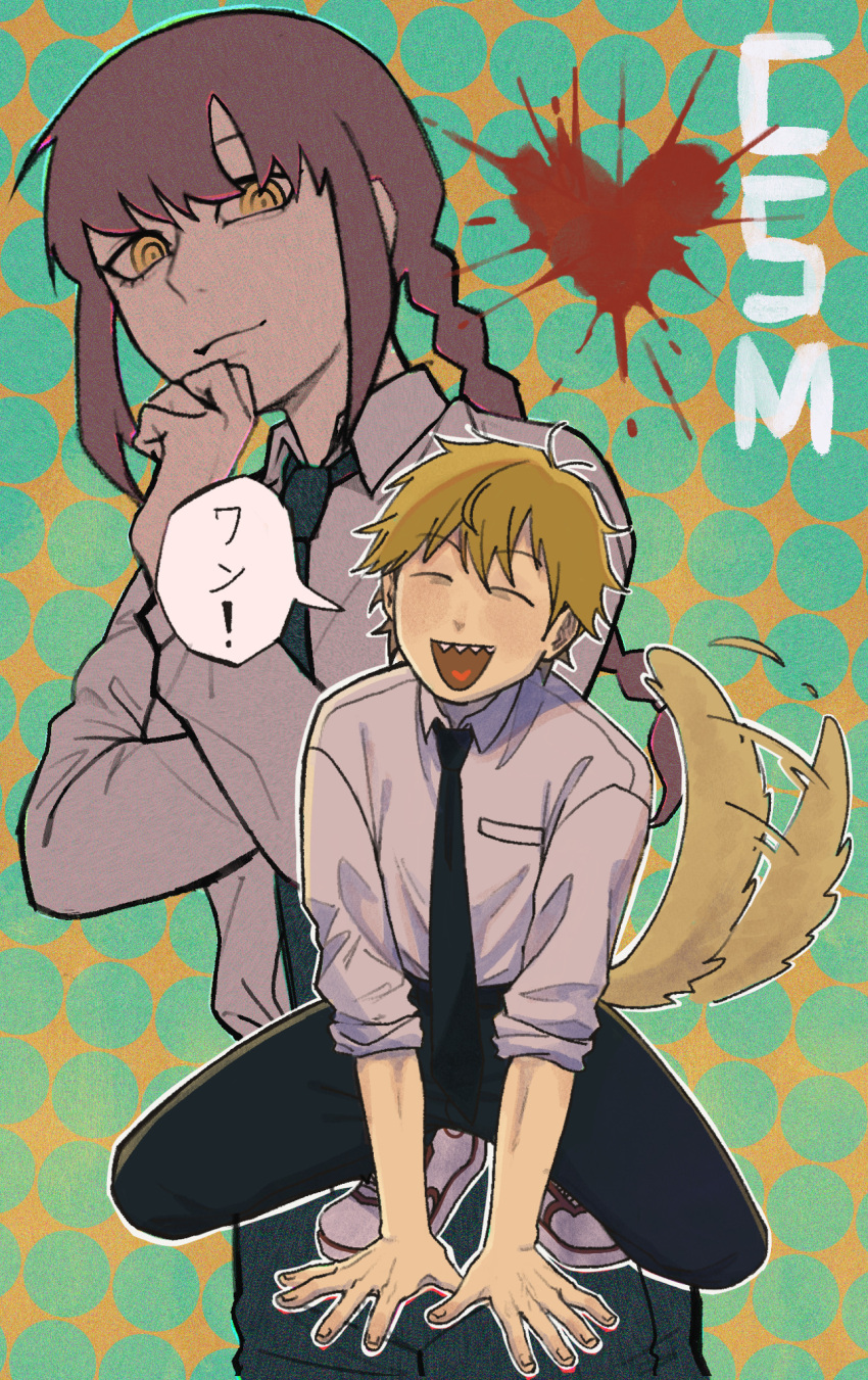 Safebooru - 1boy 1girl acronym black necktie black pants blonde hair blood blood splatter braid ...